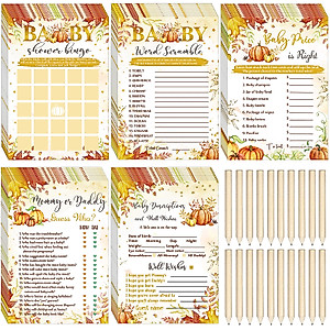 Fuutreo 145 Pieces Thanksgiving Baby Shower Party Games Sets, 125 Pumpkin Theme Baby Shower Games Paper Cards with 20 Editable Pencils Gifts for Fall Harvest Family Party Game Supplies