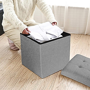 TOUCH-RICH Folding Cube Storage Ottoman with Padded Seat Linen Fabric Footrest Memory Foam 15” x 15” x 15”-2 Packs（Light Grey）