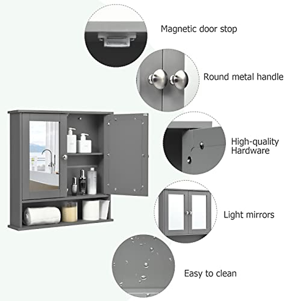 GLACER Bathroom Medicine Cabinet, Hanging Storage Cabinet with Double Mirror Doors, Perfect for Bathroom, Living Room, Corridor, Cloakroom, 22 x 5 x 23 inches (Grey)
