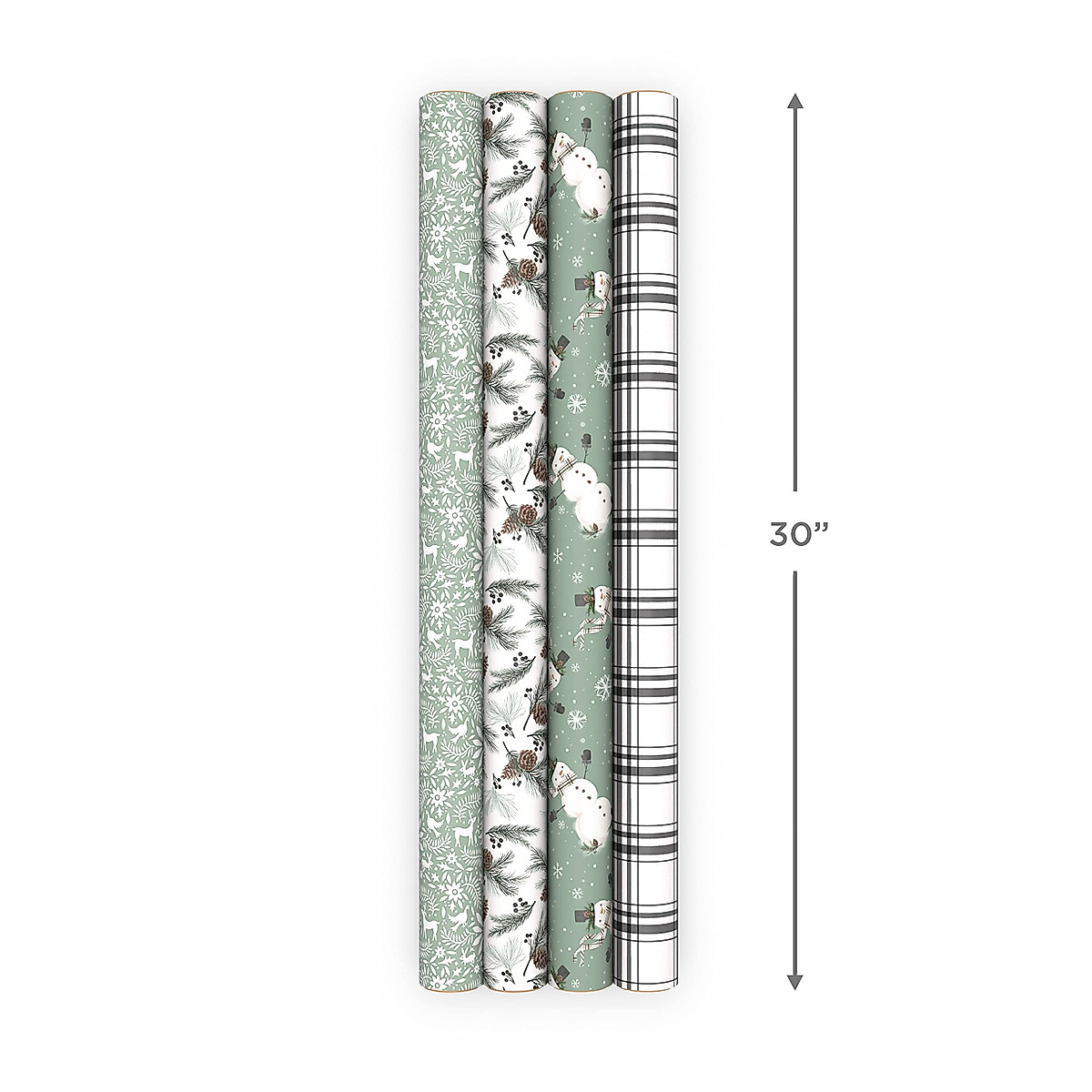 Hallmark Recyclable Neutral Christmas Wrapping Paper (4 Rolls: 100 Sq. Ft. Ttl) White and Sage Green Evergreen Pinecones, Rustic Snowmen, Plaid, Nordic Deer and Foliage