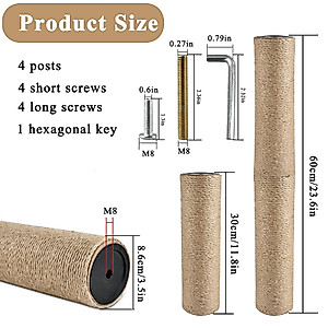 Lainballow 4 Pcs Cat Scratching Post Replacement, Natural Jute Pole Cat Tree Replacement Parts, Cat Scratch Pole with 8 M8 Screws and 1 Wrench for Indoor Kittens Tower (11.8 x 3.3 in)