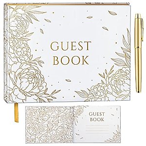 Gold Floral Wedding Guest Book, Wedding Guestbook with Pen, Guest Book Wedding Gold Hot Foil Stamping, Bridal Shower Guest Book Gold Paper Edge, Wedding Guestbook Alternative, Guestbook Wedding