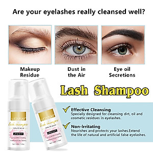 3.38 OZ Eyelash Extension Cleanser Lash Mousse Lash Shampoo for Lash Extensions, USB Mini Fan Rechargeable Electric Handheld Air Conditioning Lash Shampoo Kit Lash Brushes Cleanser Brush Wash Bottle