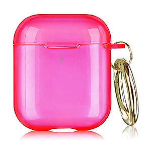 AIRSPO Airpods Case Cover, Clear Soft TPU Protective Cover Compatible with Apple AirPods 1/2 Wireless Charging Case with Keychain (Neon Hot Pink)