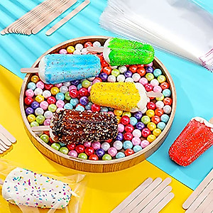 300 Pieces Ice Lolly Sticks and Bags Set, 200 Pieces Clear Ice Lolly Plastic Bags Ice Lolly Self-adhesive Plastic Bags and 100 Pieces Ice Lolly Sticks, 4.49 Inch, 8.27 x 3.15 Inch