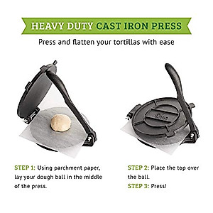 Chef Tacos Authentic Cast Iron Tortilla Press, 8-Inch, Roti Maker Pre-seasoned Corn or Flour Tortilla Maker, Pataconera, Roti Dough