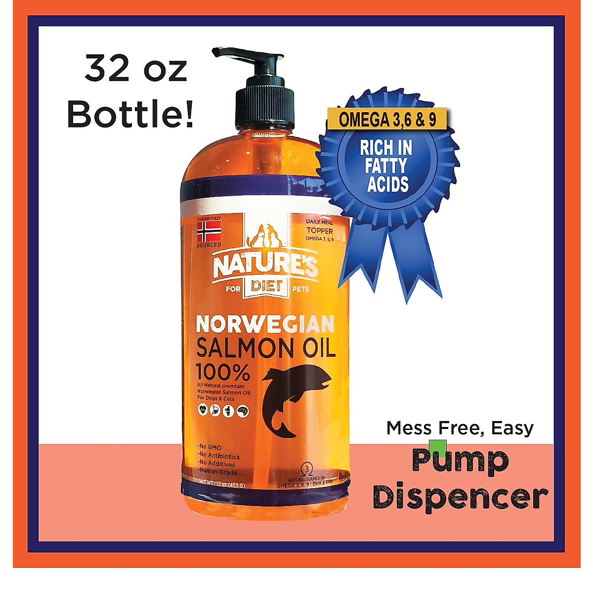 Nature's Diet Pet 32 oz Norwegian Salmon Oil Dogs & Cats - Natural Support for Joint Function Immune Heart Health Appetite Skin & Coat Omega 3 6 9 Liquid Food Topper EPA DHA Fatty Acids