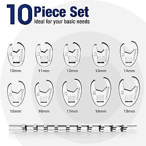 WORKPRO 3/8" Drive Flare Nut Wrench Set, 10-piece Crowfoot Flare Nut Tool Kit, Metric 10-19mm, Steel Wrench With Storage Rail for Nut Removal