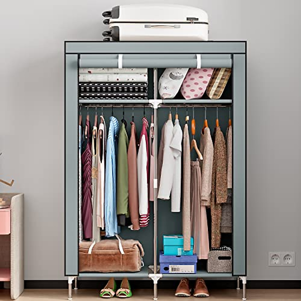 TIE-DailyNec Closet Portable Wardrobe Clothes Storage Organizer with Hanging Rails, Non-Woven Fabric Wardrobe Freestanding Storage Shelves, Durable & Easy Assembly Closet (Silver Gray)