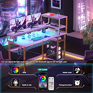 Cyclysio Gaming Desk 47", Computer Desk with Reversible Storage Shelves, Home Office Desk with Power Outlets & RGB Led Lights, Small Desk for Gaming, Studying, Working White