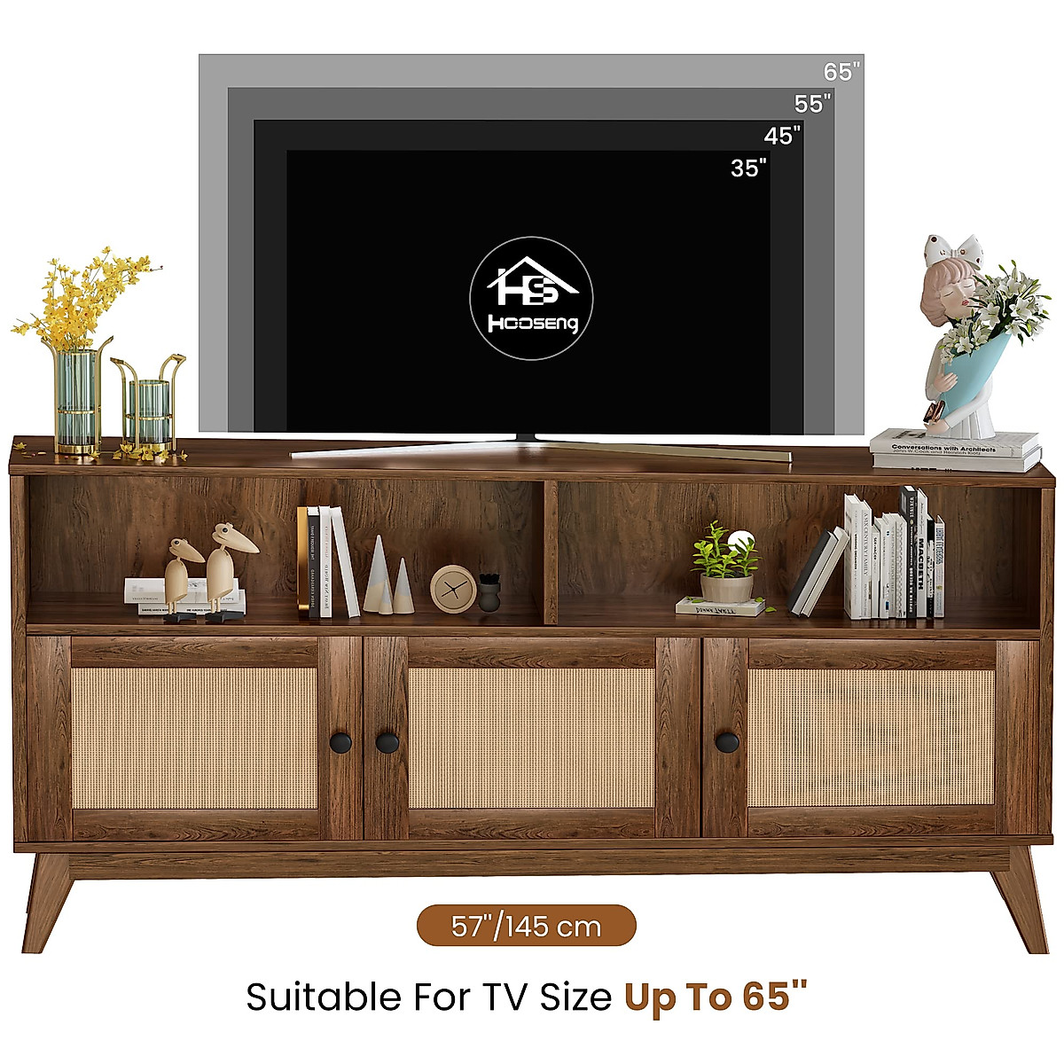 AWQM TV Stand for Living Room, Mid Century Modern TV Console, Rattan Entertainment Center with Storage and Open Shelves, Walnut