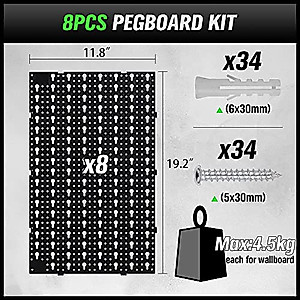 SWANLAKE 8PCS Black Plastic Pegboard Panels, 152"Wide Garage Tool Pegboard