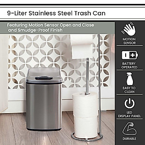 Hanover Home Hands-Free Metal Trash Can with Fingerprint-Resistant Finish, Soft-Close Motion Sensor Lid, and Removable Bin for Bathroom and Bedroom - 2.3 Gallons (9 Liters) in Stainless Steel