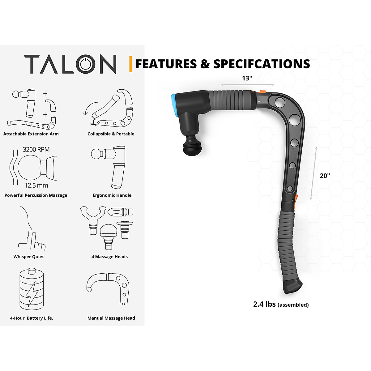 Brazyn - Talon Percussion Massage Gun + Massage Cane + Gun Holder System - Deep Tissue Muscle Massager with Arm Attachment for Whole Body Pain Relief, Upper and Lower Back, Neck & Shoulder Relaxer