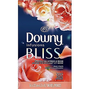 Downy Infusions Dryer Sheets, Laundry Fabric Softener, Bliss, Sparkling Amber & Rose, 200 count.