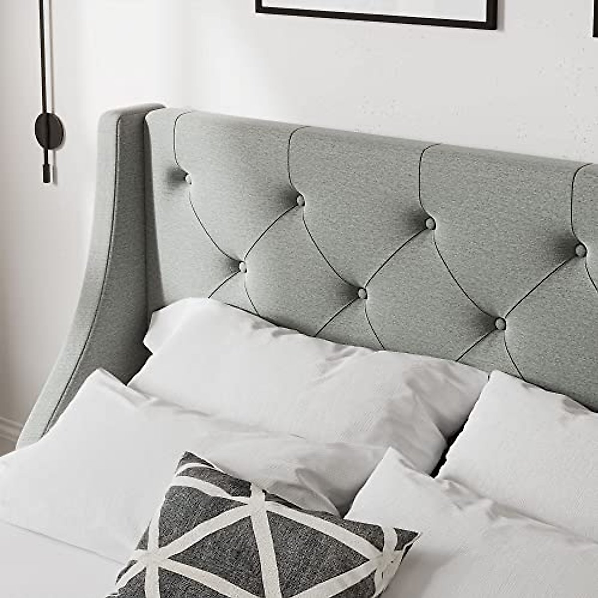 Allewie King Size Bed Frame with 4 Storage Drawers and Wingback Headboard, Button Tufted Design, No Box Spring Needed, Light Grey
