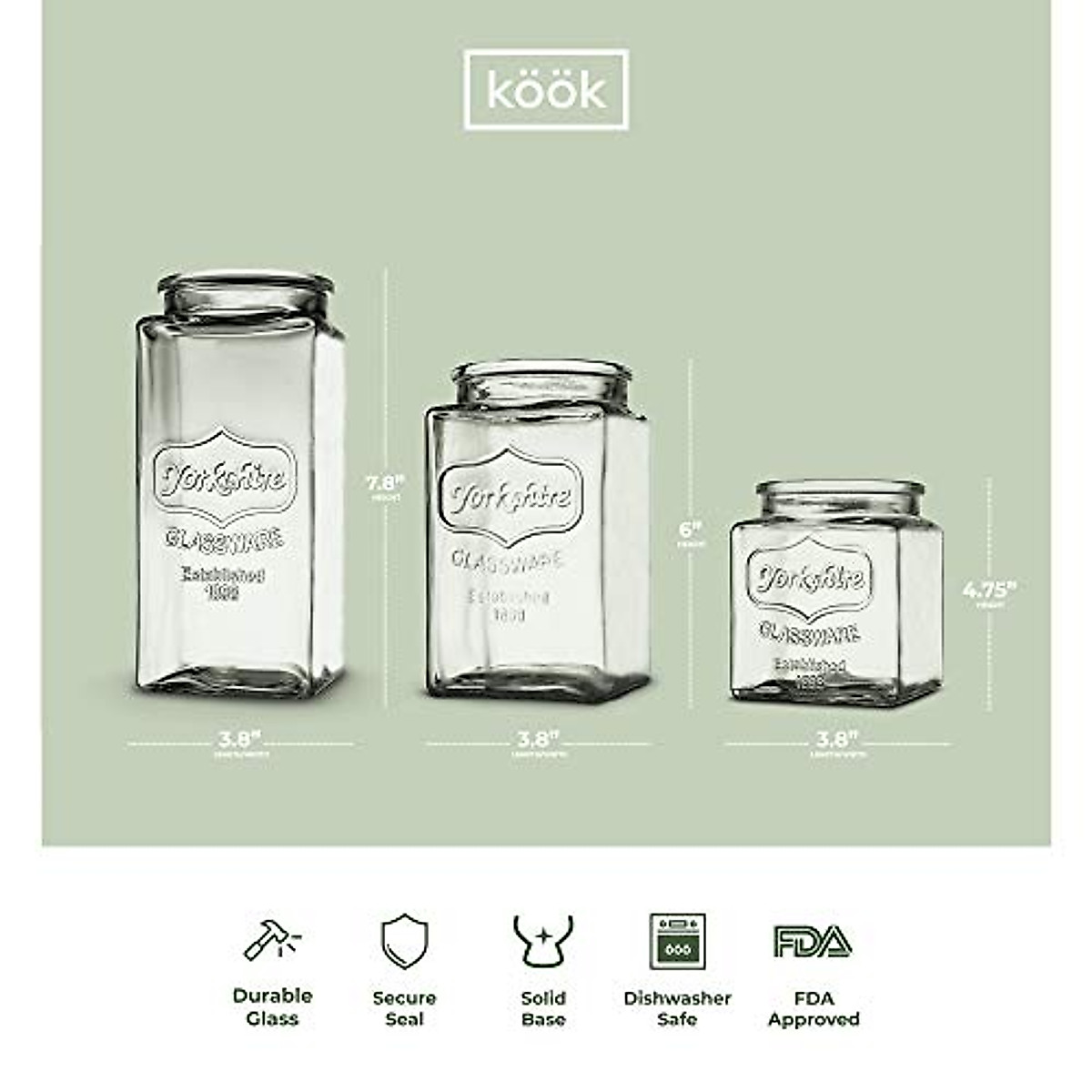 Glass Storage Jars by KooK, 3 Different Sizes, Great for Cereal, Rice, Cookies, Candy, Nuts, Flour, Sugar, Pasta, Large, Medium, Small, Set of 3
