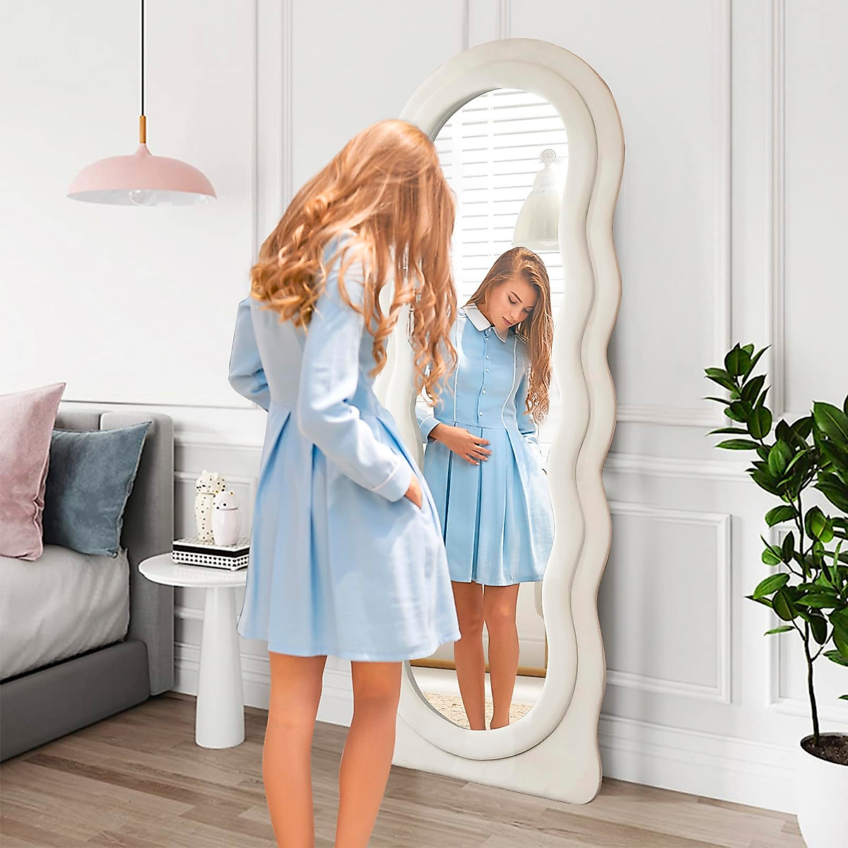 GOODONE Wavy Mirror Full Length 63"x24", Irregular Full Body Mirror, Wave Arched Floor Mirror, Wall Mirror Standing Hanging or Leaning Against Wall for Bedroom, Flannel Wrapped Wooden Frame,Beige