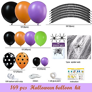 169pcs Halloween Balloon Garland Arch Kit, Halloween Party Decorations Supplies, Large Size Halloween Balloon Garland with Spider Balloon, Halloween Spider Web