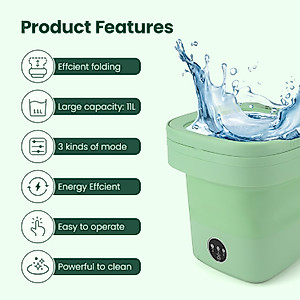 Portable Washing Machine, FETIONS 11L Foldable Washer with 3 Modes, Deep Cleaning of Underwear, Baby Clothes and Other Small Clothes, Suitable for Apartments,Dormitories,Hotels,Camping,Travel, Green