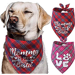 Valentines Day Dog Bandana - Set of 2 Reversible Triangle Bibs Plaid Pet Kerchief Scarf