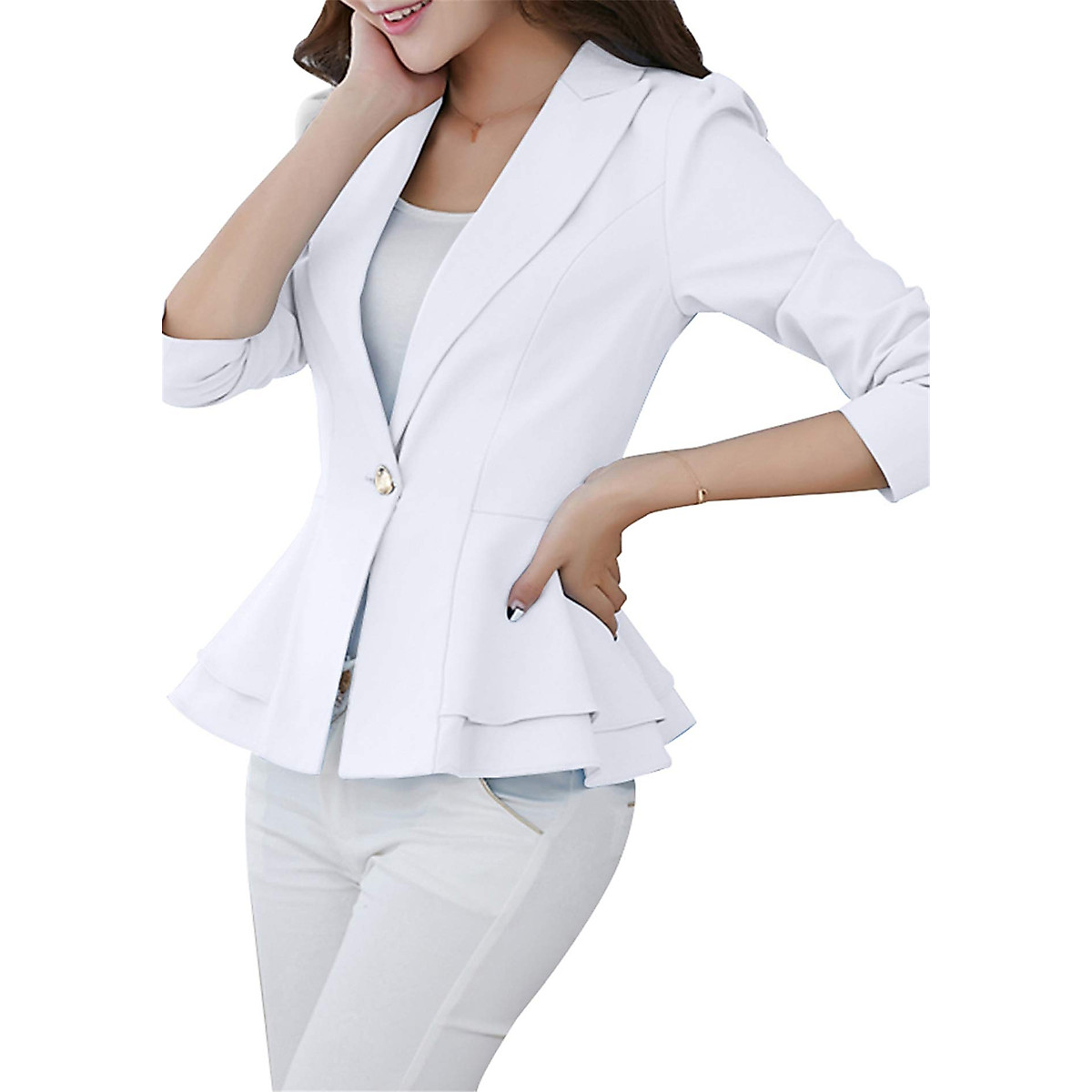 FLITAY Womens Business Solid Lapel Notched Fashion Blazer Casual Ruched Blazer Coat White M