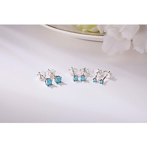 Sterling Silver Stud Earrings for Men Women- Hypoallergenic Tiny Turquoise Stud Earring Set White Gold Plated Round Prong-Set Birthstone Small Earrings(2mm/3mm/4mm)
