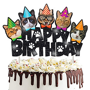 Cat Happy Birthday Cake Topper Cat Theme Party Cake Decoration for Meow Kitty Cat Birthday Party Baby Shower Supplies