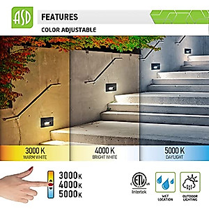 ASD LED Step Light Fixture | Recessed Stair Wall Lighting | 3W 120V 115LM 3000K/4000K/5000K Switch 50000+ Hour Lifespan | Dusk to Dawn Photocell, Outdoor Use, Waterproof, ETL | Black
