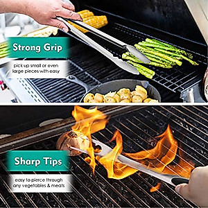 HaSteeL Grilling Utensil Set 18in, Stainless Steel BBQ Accessories Tools with Bag for Outdoor Cooking Camping, Heavy Duty Grill Spatula, Tong, Meat Fork, Basting Brush, Cleaning Brush, Man’s Gift