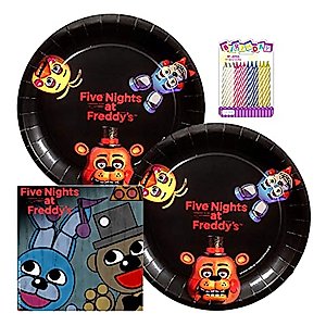 Five Night at Freddy Party Supplies Pack Serves 16: 9inch Plates and Luncheon Napkins with Birthday Candles (Bundle for 16) Black Red Multi Color