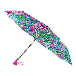 Lilly Pulitzer Travel Umbrella Compact, Cute Umbrella with Automatic Open and Storage Sleeve, Folding Umbrella for Rain or Sun Protection (Walking on Sunshine), One Size