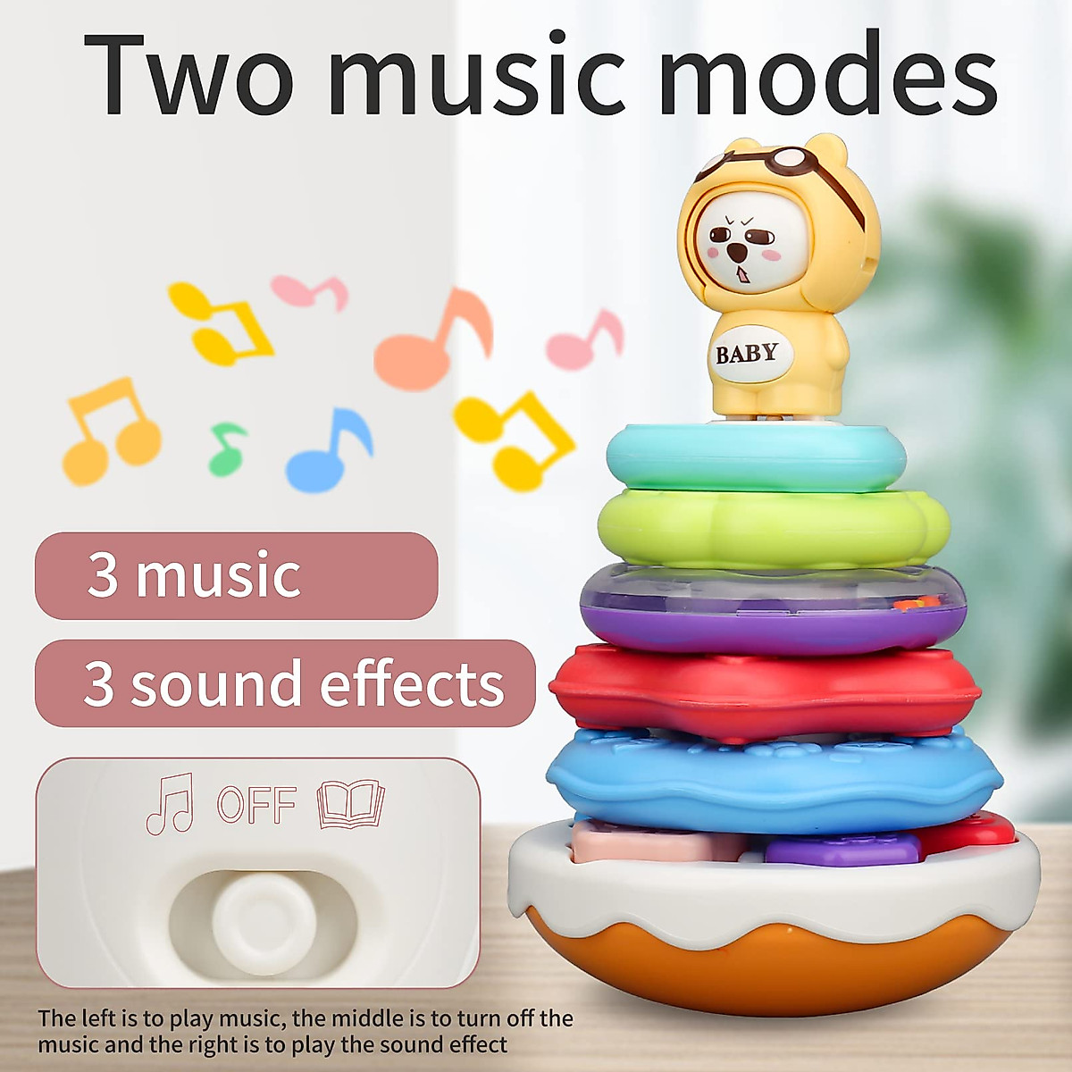 LZZAPJ Stacking Rings Baby Toy, Toddler Educational Learning Shape Sorter and Stacker Playset, Infant Face Changing Wobble Tumbler Musical Toy, Sensory Montessori Toys for Babies 6-12 Months Boy Girl