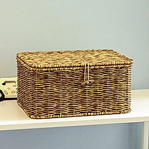 Zerodeko Wicker Storage Basket Rattan Storage Basket with Lid Rectangular Makeup Organizer Container Woven Shelf Baskets Wicker Storage Bins for Organizing Groceries Closet Laundry Room