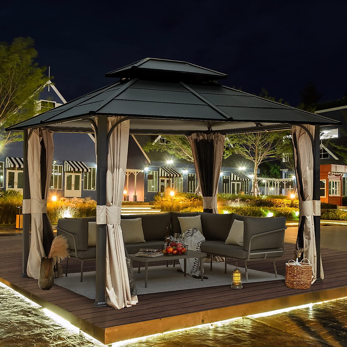 EROMMY 10'x12' Metal Steel Gazebo, Outdoor Aluminum Hadtdop Canopy with Netting and Shaded Curtains, Double Roof Pergolas, Permanent Metal Pavilion for Patio, Backyard, Deck，Lawns，and Pool