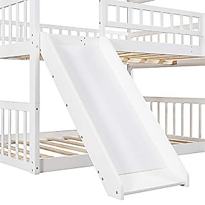 OYN Wooden Full-Over-Full-Over-Full Triple Bed Frame with 2 Built-in Ladder and Slide ,Triple Bed with Full Length Guardrails for Children, Teens ,Boys & Girls, White