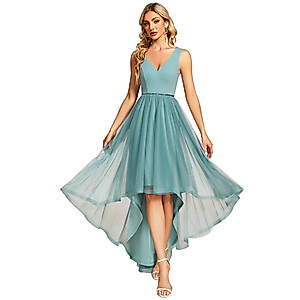 Ever-Pretty Women's Simple A-line Beads Tulle Deep V-Neck Homecoming Dress with Beaded Dusty Blue US8