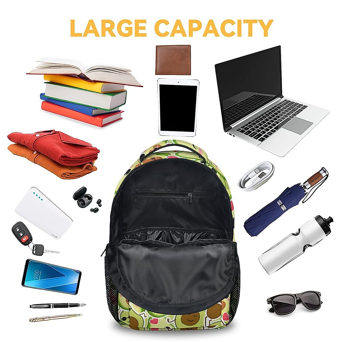 PAKKITOP Avocado Backpack for Kids Girls Boys, 16" Cute Backpack for School, Green Print Lightweight Bookbag for Students