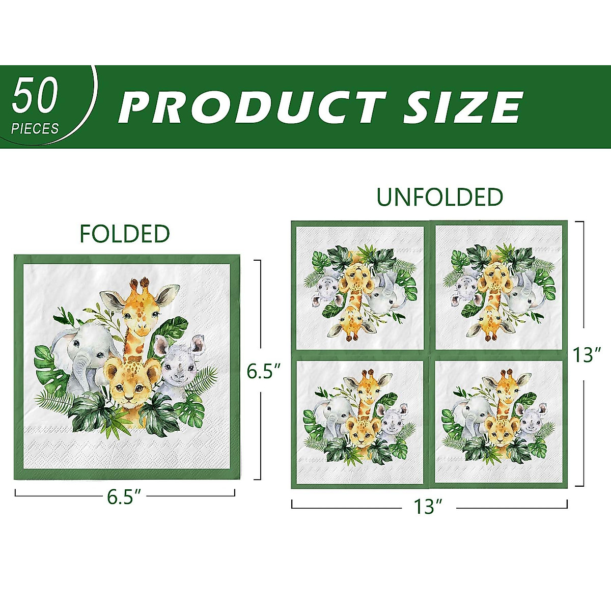 Yuzioey 50 Pcs Safari Baby Shower Napkins, Jungle Animals Baby Shower Disposable Paper Napkins, Safari Theme Baby Shower Supplies Party Napkins, Safari Baby Shower Decorations 6.5" x 6.5"