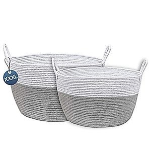 JEKOSEN (Set of 2, 22''x12'' & 20''x10'') Laundry Basket Cotton Rope Basket Woven Storage for Toys Blankets Towels Cushions with Handle Living Room Laundry Hamper Grey