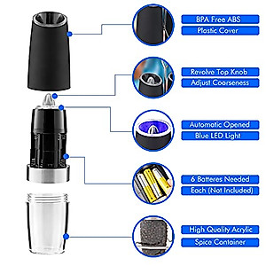 Gravity Electric Salt and Pepper Grinder Mill [Set of 2] with Blue LED Light. Flip to Grind. One Hand Operation, Adjustable Coarseness. Includes Stand, Spoon and Brush. Automatic Battery Powered