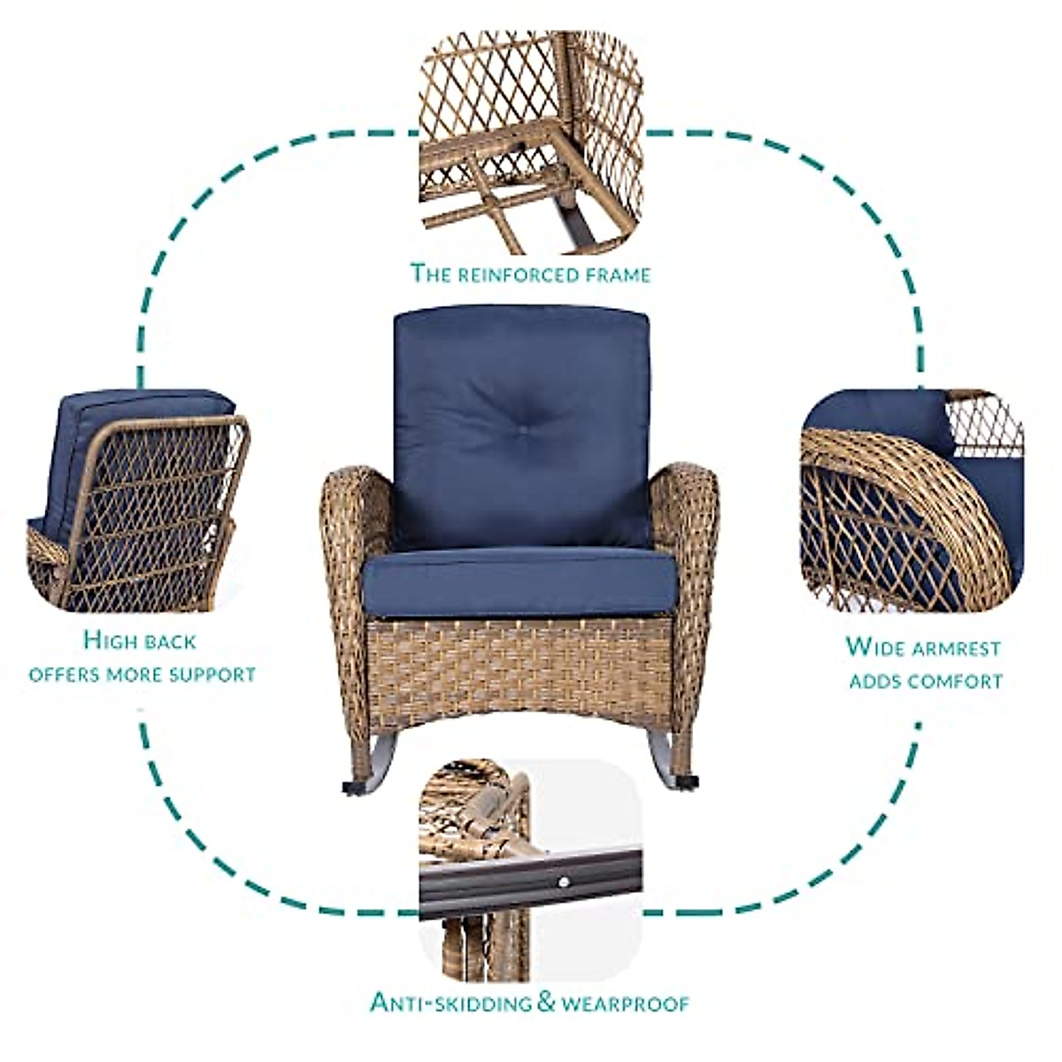 MEETWARM Outdoor Wicker Rocking Chair, Rattan Patio Rocker Chairs with Cushions and Steel Frame - Navy Blue