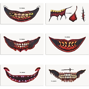 12PCS Halloween Face Tattoos for Adults, 2022 Halloween Prank Makeup Temporary Tattoo, Scary Big Mouth Tattoo Realistic Halloween Face Tattoos for Adult Women and Men