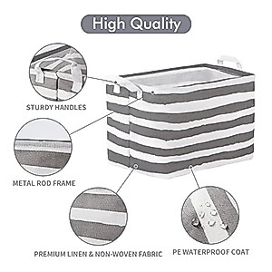 Consmos Rectangle Storage Baskets for Organizing Shelves Set of 3, Collapsible Canvas Storage Bins Nursery Hamper Toy Storage Organizer with Handles for Toys Books Clothes, Gray& White Stripe