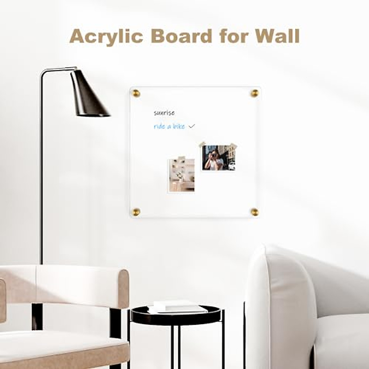 AMUSIGHT Clear Acrylic Dry Erase Board，12" X 12" Golden Non-Magnetic Acrylic White Board for Wall，Clear Erasable Acrylic Board for Office, School or Home，2 Markers
