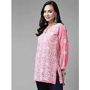 Ada Indian Hand Embroidered Chikankari Women's Pink Georgette Top Tunic Shirt Kurti A911225 (XX-Large)