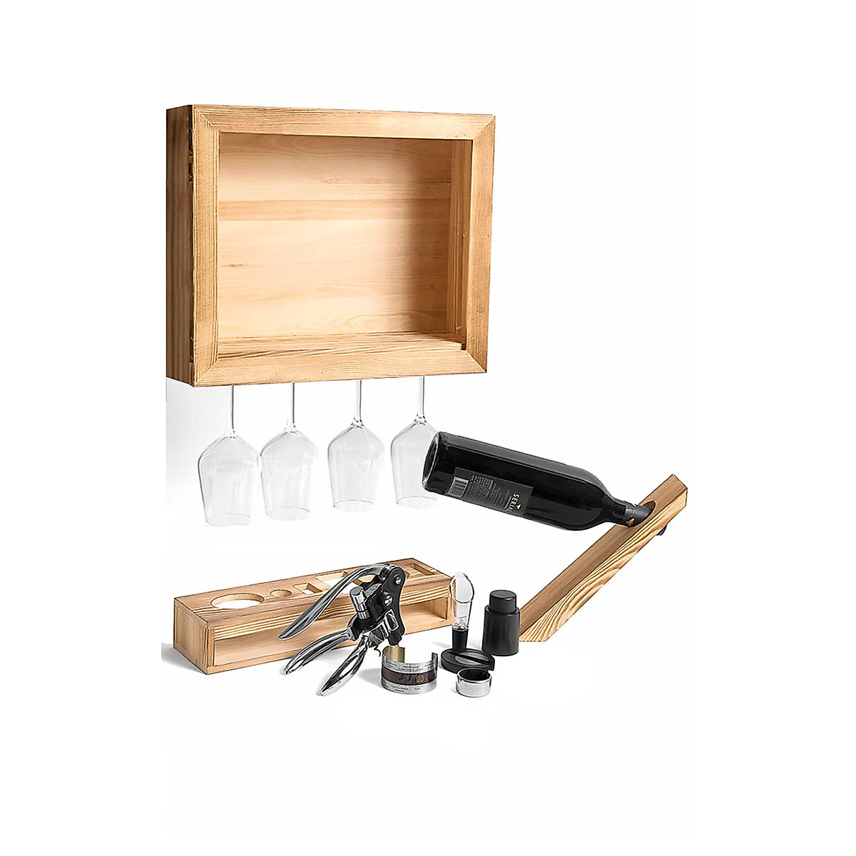 Wine Display Holder and Supplies Set - Housewarming Gifts for Women Who Have Everything, Home Buyer Closing Gift from Realtor, New House Essentials - Rack, Stopper, Corkscrew and More Accessories