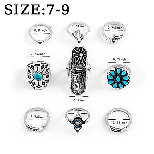 ELABEST Size7-9 Western Ring Set Silver Turquoise Cactus Arrow Flower Carved Retro Stackable Joint Knuckle Finger Rings Sets for Women(9 Pcs)