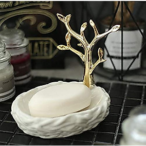 JJ Gifts Ceramic Gold Tree Twig with White Braided Birds Nest Soap Dish Jewelry Holder Organizer