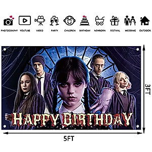 Wednesday New Addams Party Supplies, Happy Birthday Backdrop for Wednesday Party Decorations, 5 x 3FT Birthday Banner for Girls Boys Kids Birthday Party Decor